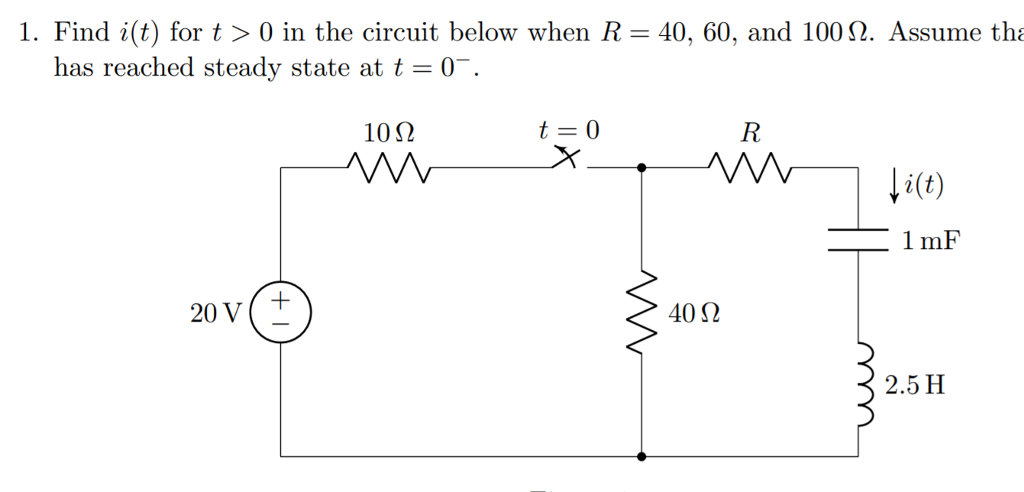 Solved 1. Find i(t) for t >0 in the circuit below when R 40, | Chegg.com