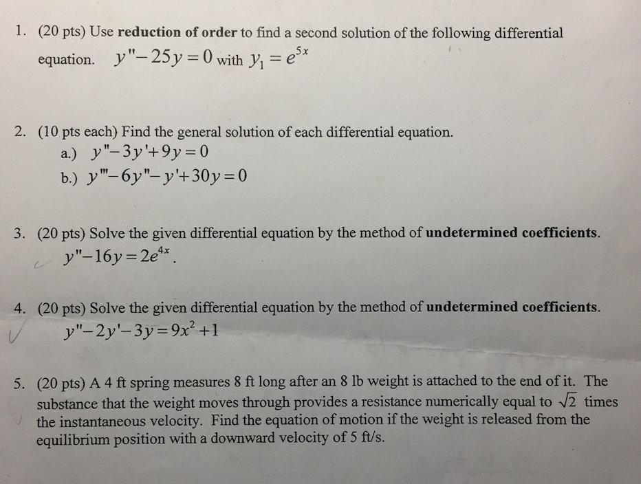 Solved 1. (20 pts) Use reduction of order to find a second | Chegg.com