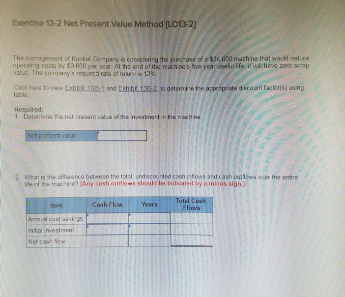 Solved Exercise 13-2 Net Present Value Method [LO13-2] The | Chegg.com