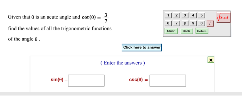 Solved Given that theta is an acute angle and cot(theta) = | Chegg.com