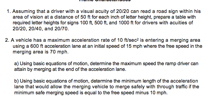 Solved 1. Assuming that a driver with a visual acuity of | Chegg.com