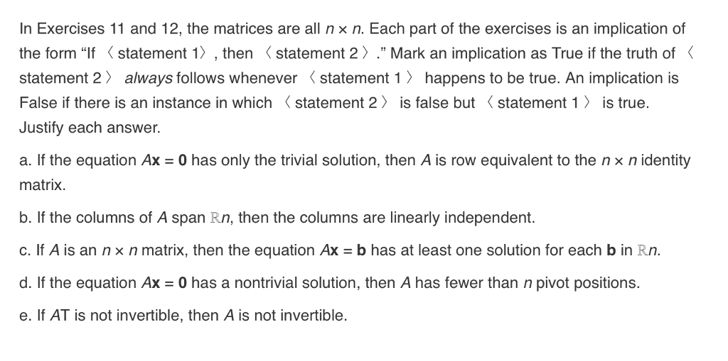 Solved In Exercises 11 and 12, the matrices are all n times | Chegg.com