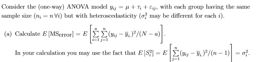 Consider the (one-way) ANOVA model yij - TEij, with | Chegg.com