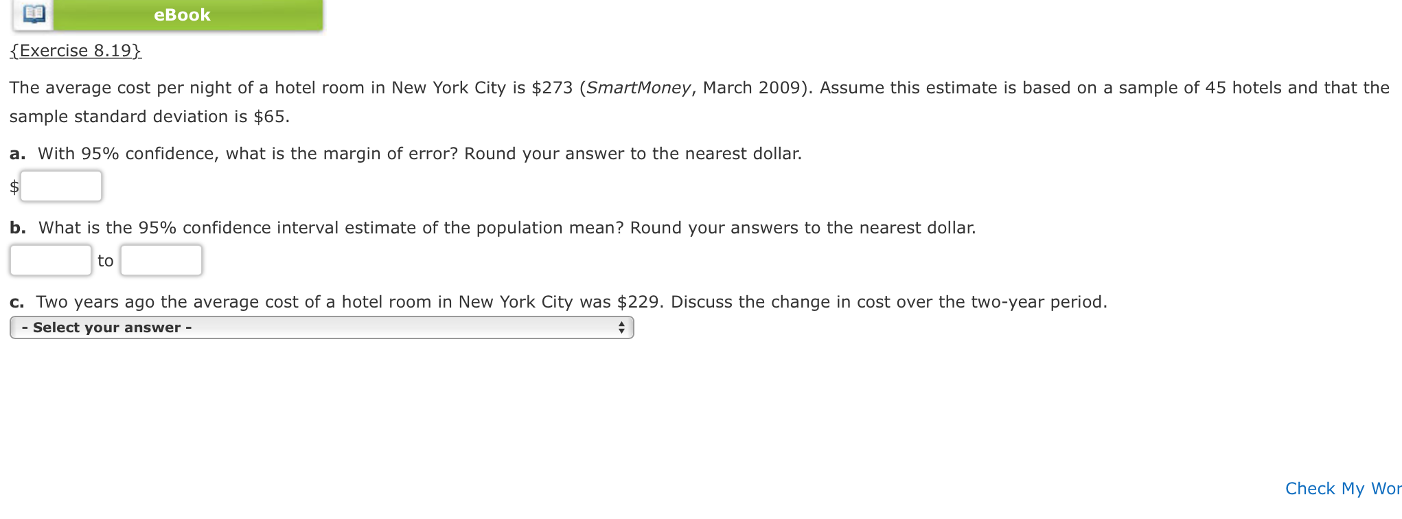 Solved The average cost per night of a hotel room in New | Chegg.com