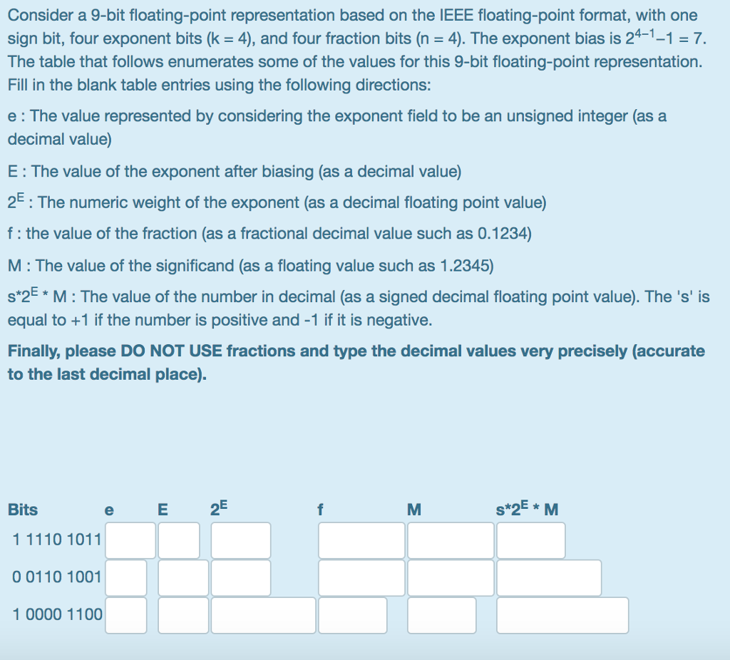 Solved Consider a 9-bit floating-point representation based | Chegg.com