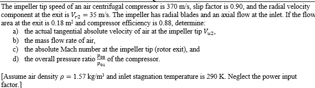 Solved The impeller tip speed of an air centrifugal | Chegg.com