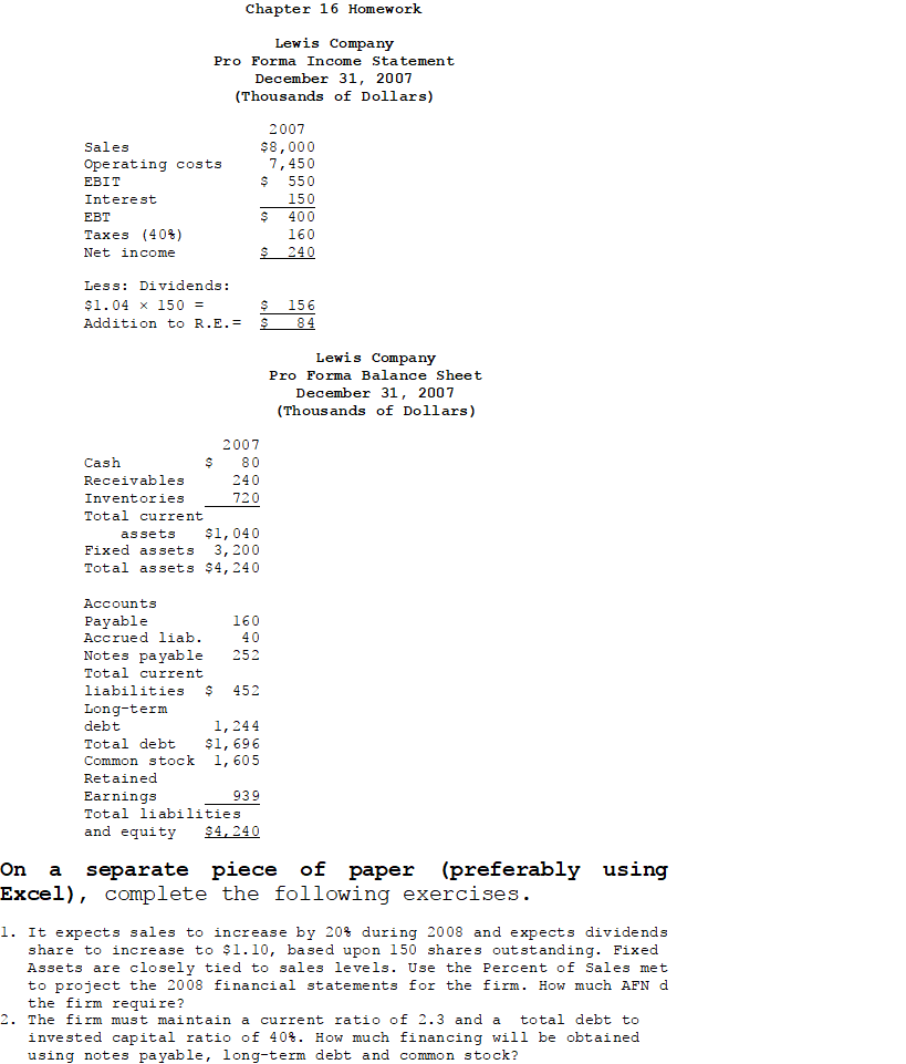 Solved Chapter 16 Homework Lewis Company Pro Forma Income | Chegg.com