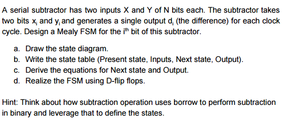 Solved A serial subtractor has two inputs X and Y of N bits | Chegg.com