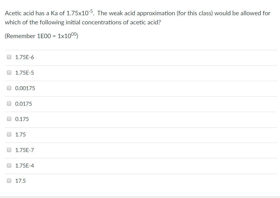 Solved Acetic acid has a Ka of 1.75x10-5. The weak acid | Chegg.com