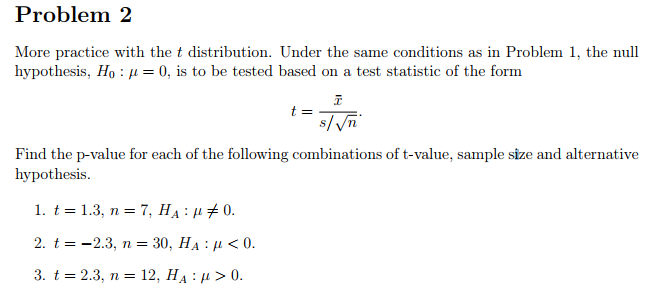 Solved Problem 2 More practice with the t distribution. | Chegg.com