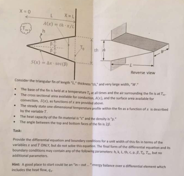 Solved Consider the triangular fin of length "L, " thickness | Chegg.com