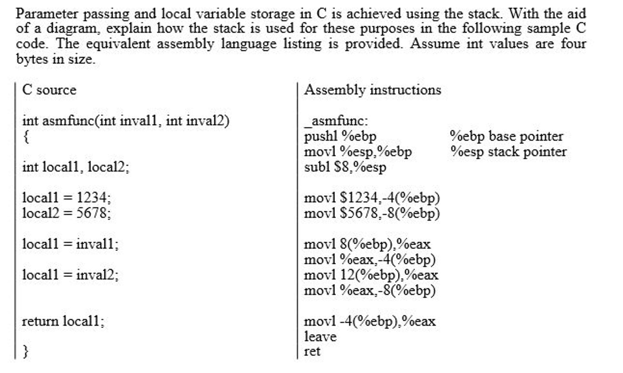 Solved Parameter passing and local variable storage in C is | Chegg.com