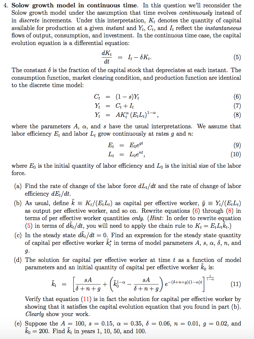Solow growth model in continuous time. In this | Chegg.com