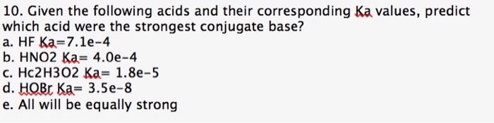 Solved Given the following acids and their corresponding Ka | Chegg.com