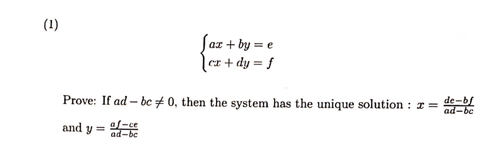 Solved {ax + by = e cx + dy = f Prove: If ad - bc | Chegg.com