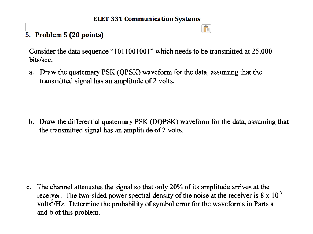 Solved ELET 331 Communication Systems 5. Problem 5 (20 | Chegg.com