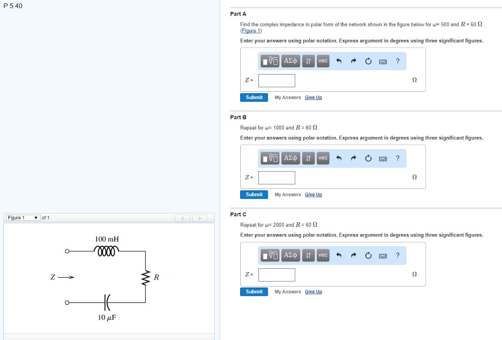 Solved P 5.40 Part A Find the complex impedance in polar | Chegg.com