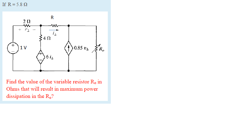 Solved Find the value of the variable resistor R_0 in Ohms | Chegg.com