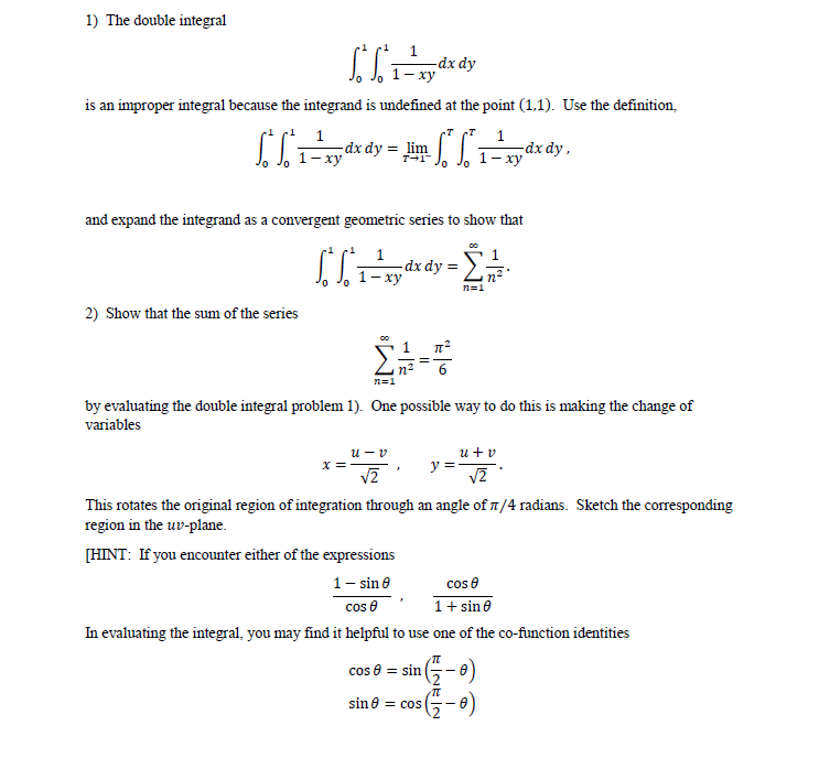 Solved 1 The Double Integral 1 1 Dx Dy Jo 1 xy Is An Chegg