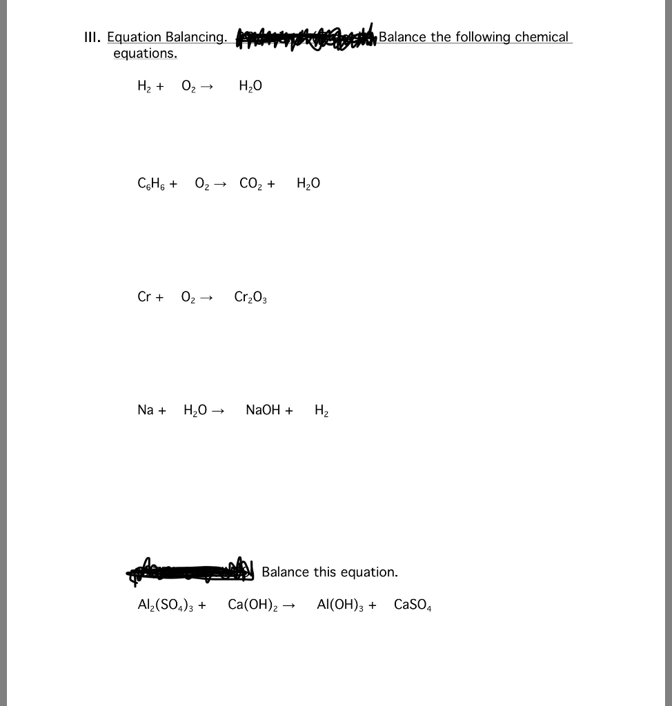 Solved III. Equation Balancing. Balance the following | Chegg.com