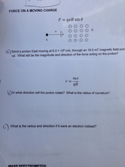 Solved FORCE ON A MOVING CHARGE F = qvB sin theta Send a | Chegg.com