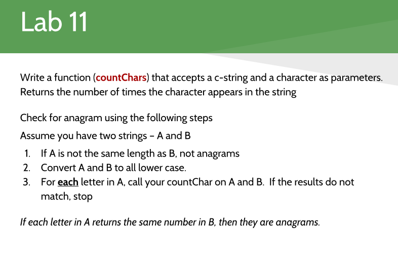 Solved Lab 11 Write a function (countChars) that accepts a | Chegg.com