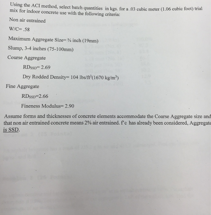 Solved Using the ACI method, select batch quantities in kgs. | Chegg.com