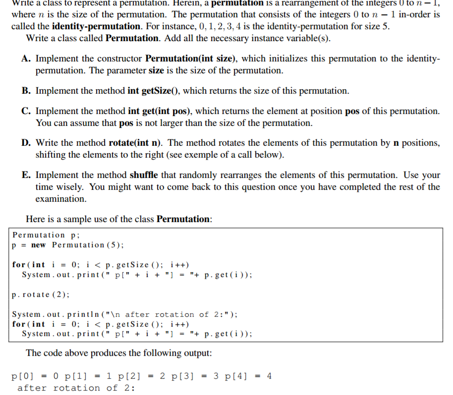 Solved Write a class to represent a permutation. Herein, a | Chegg.com
