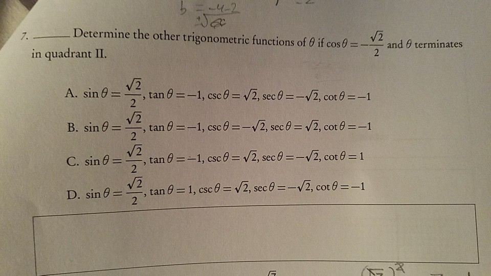 Solved Determine the other trigonometric functions of θ if | Chegg.com