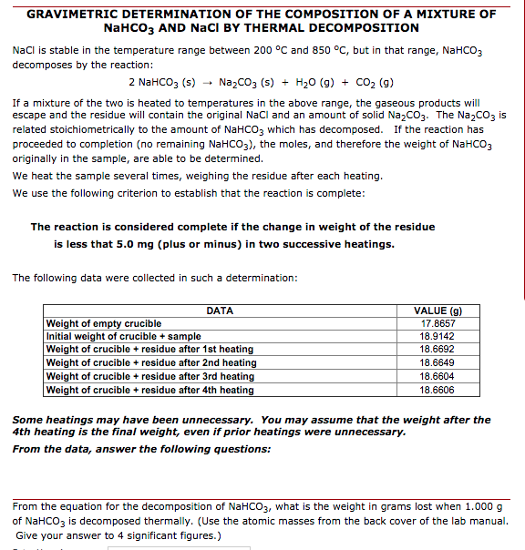 Solved GRAVIMETRIC DETERMINATION OF THE COMPOSITION OF A | Chegg.com