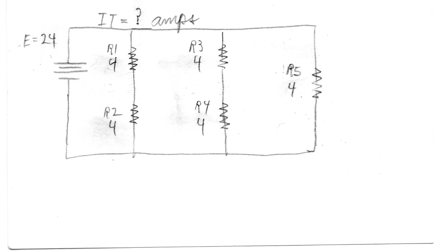 Solved E=24, R1=4, R2=4, R3=4, R4=4, R5=4 ohms. IT=? | Chegg.com