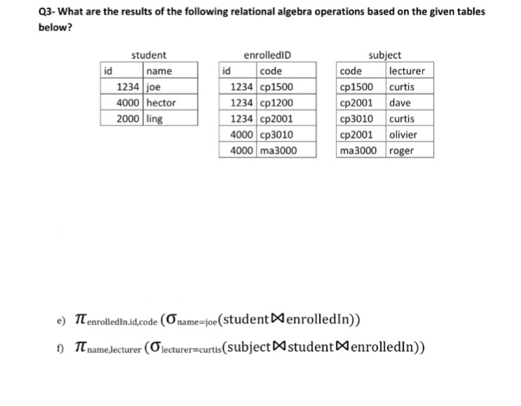 Solved What are the results of the following relational | Chegg.com