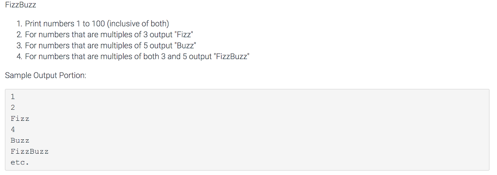Solved FizzBuzz 1. Print numbers 1 to 100 (inclusive of | Chegg.com