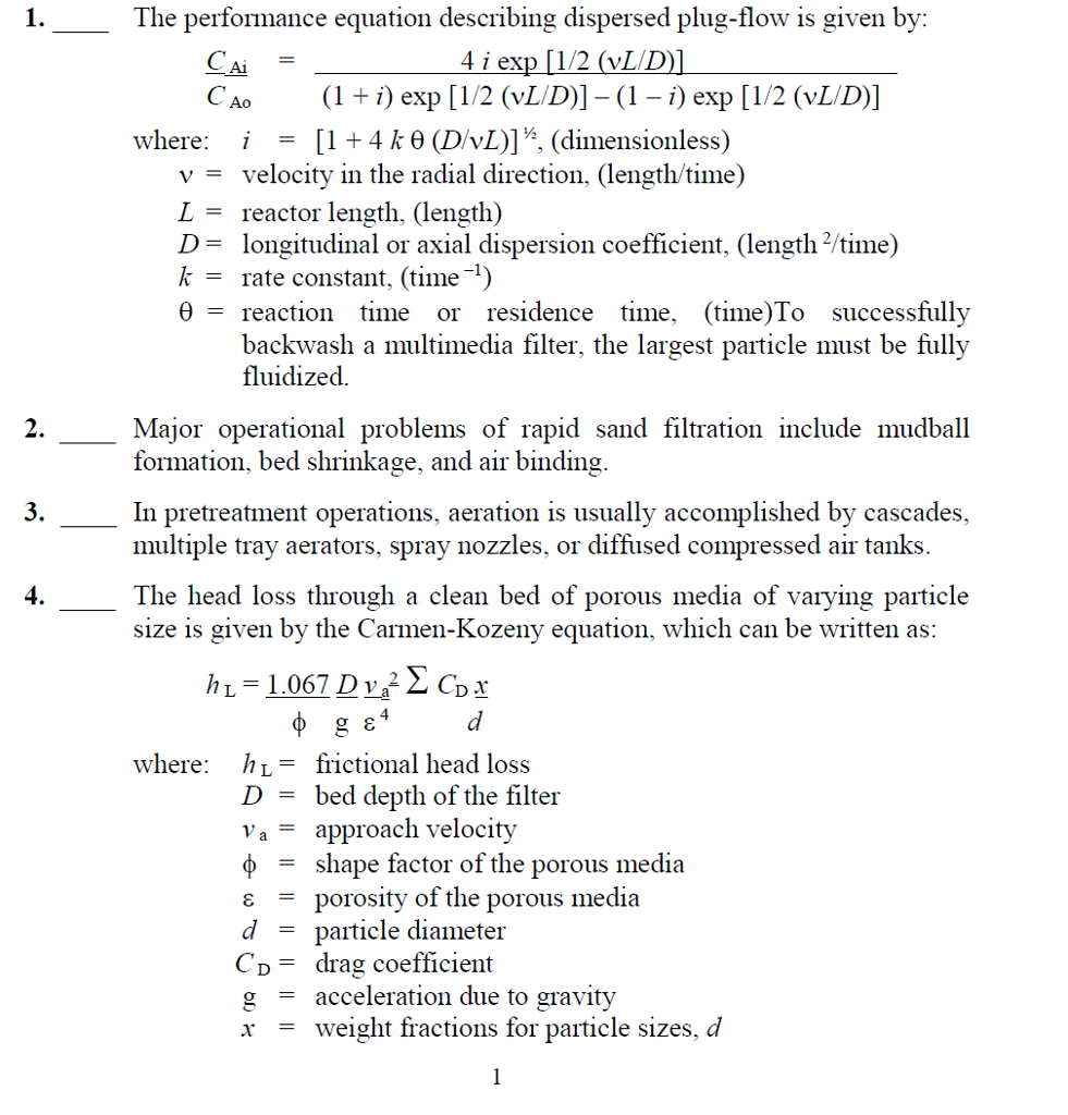 Solved 1. The performance equation describing dispersed | Chegg.com