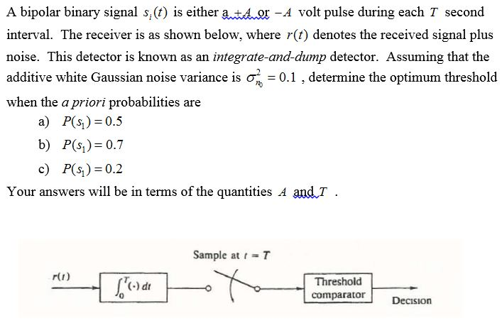 Solved A bipolar binary signal si(t) is either a + A or -A | Chegg.com