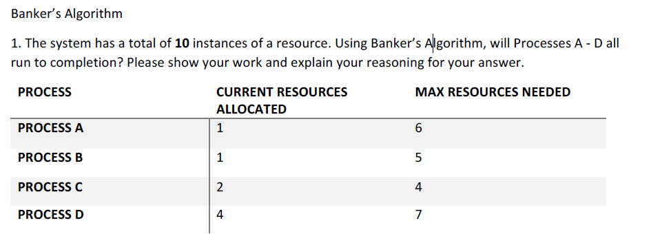 Solved Banker's Algorithm 1. The system has a total of 10 | Chegg.com