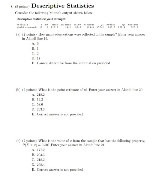 Solved 8. (8 points) Descriptive Statistics Consider the | Chegg.com