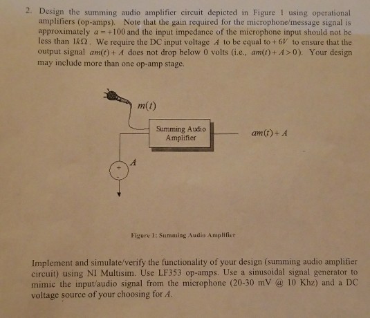 Solved 2. Design the summing audio amplifier circuit | Chegg.com