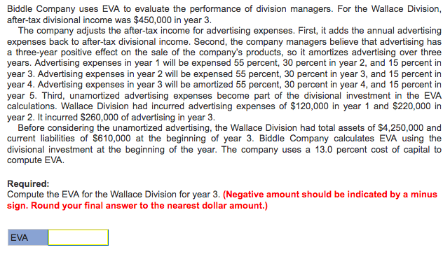 Solved Biddle Company uses EVA to evaluate the performance | Chegg.com