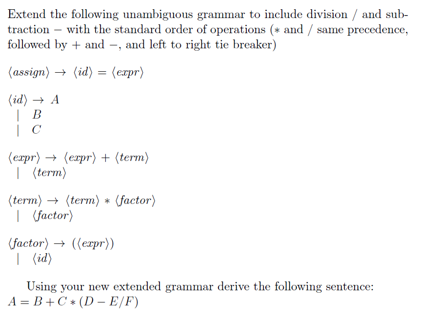 Solved Extend the following unambiguous grammar to include | Chegg.com