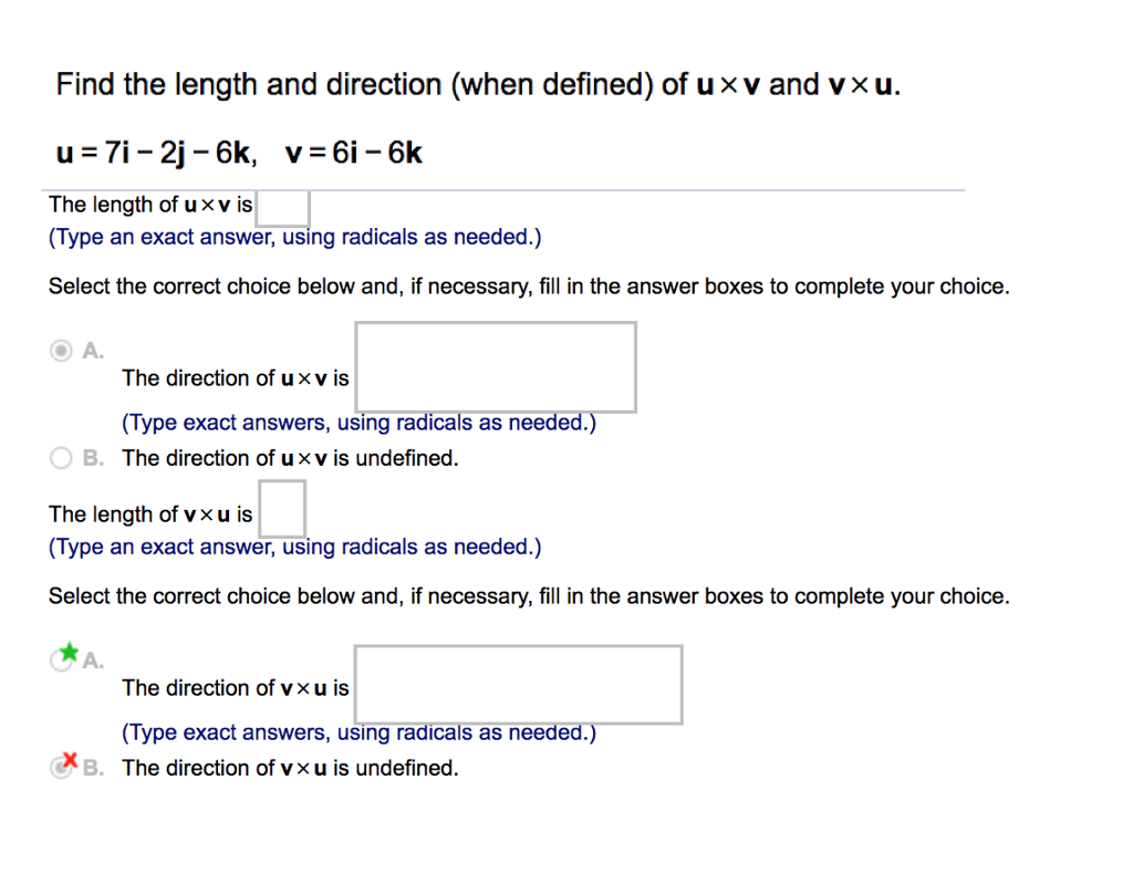 Solved Find the length and direction (when defined) of u x v | Chegg.com