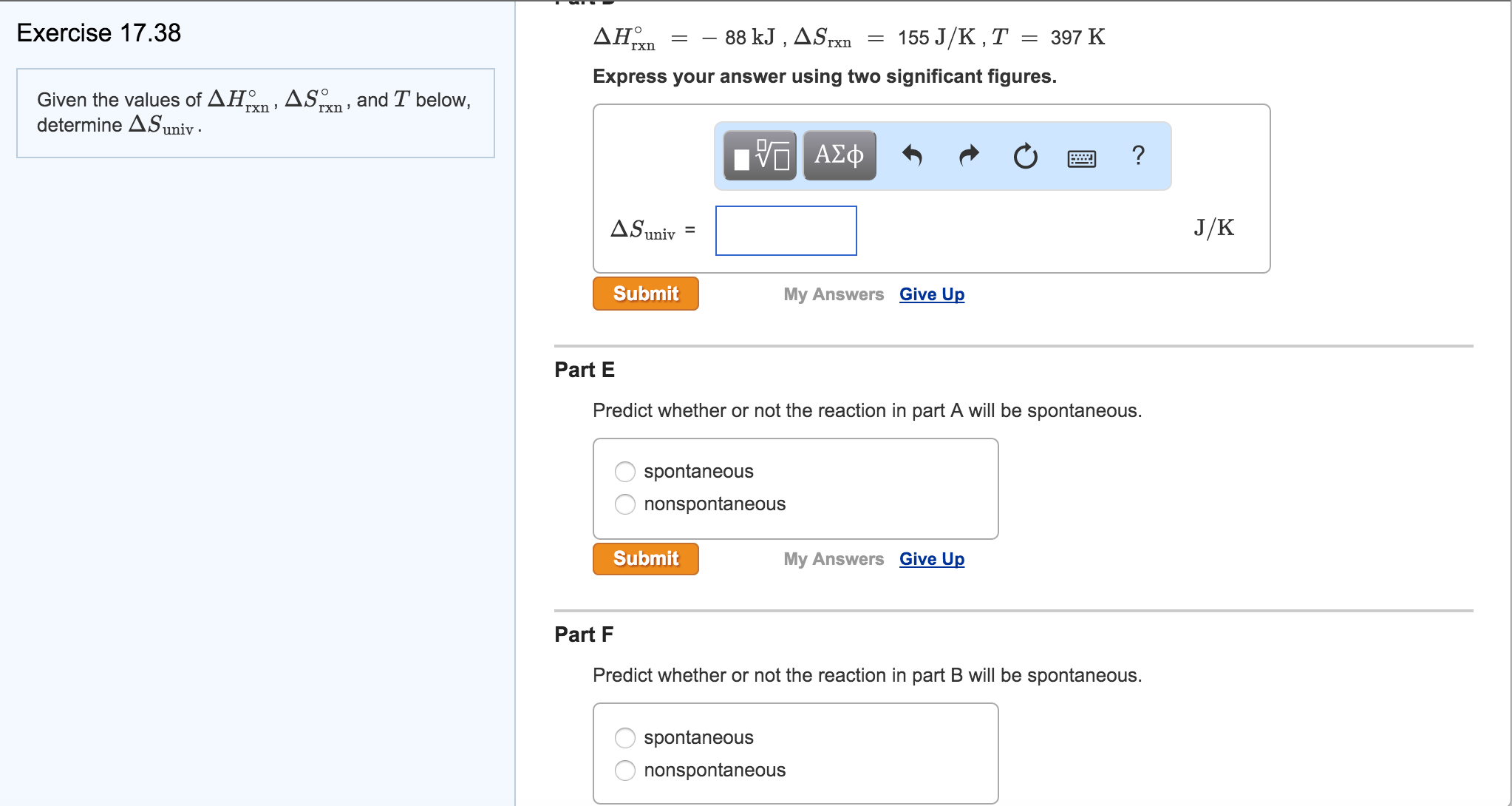 Solved Given the values of Delta H degree_rxn, Delta S | Chegg.com