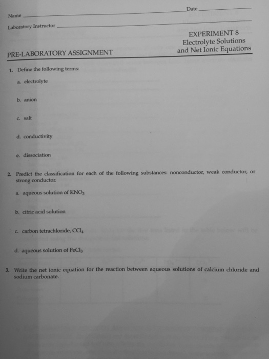 Solved Name Laboratory Instructor EXPERIMENT 8 Electrolyte | Chegg.com