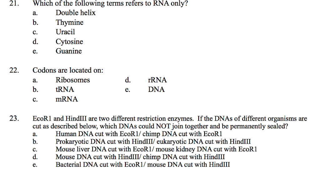 Solved Which of the following terms refers to RNA only? | Chegg.com