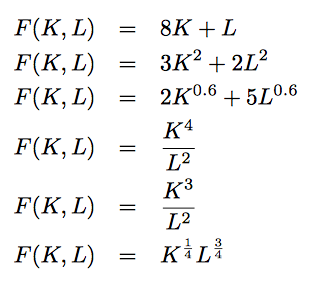 Solved F(K,L) = 8K + L F(K,L) = 3K2+21 F(K, L) 2K0.6+51,9.6 | Chegg.com