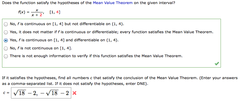 Solved Does the function satisfy the hypotheses of the Mean | Chegg.com