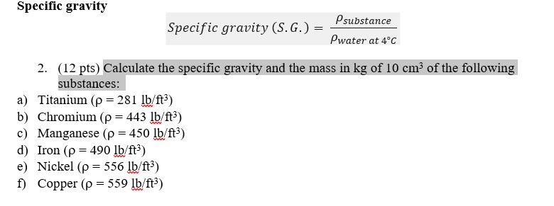 Solved Specific gravity Specific gravity (S.G.) Specific | Chegg.com