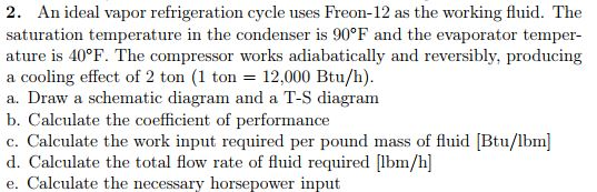 Solved 2. An ideal vapor refrigeration cycle uses Freon-12 | Chegg.com