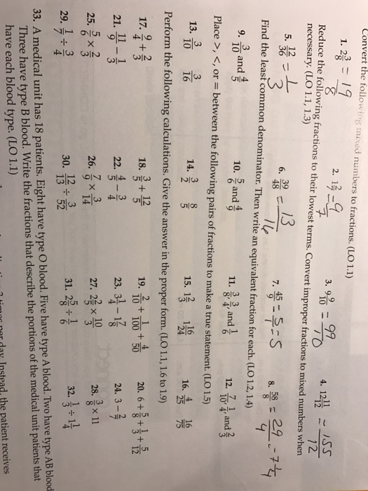 Solved Convert The Following Mixed Numbers To Fractions LO Chegg