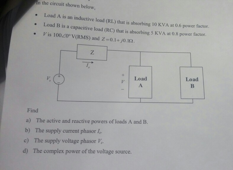 Solved n the circuit shown below, Load A is an inductive | Chegg.com